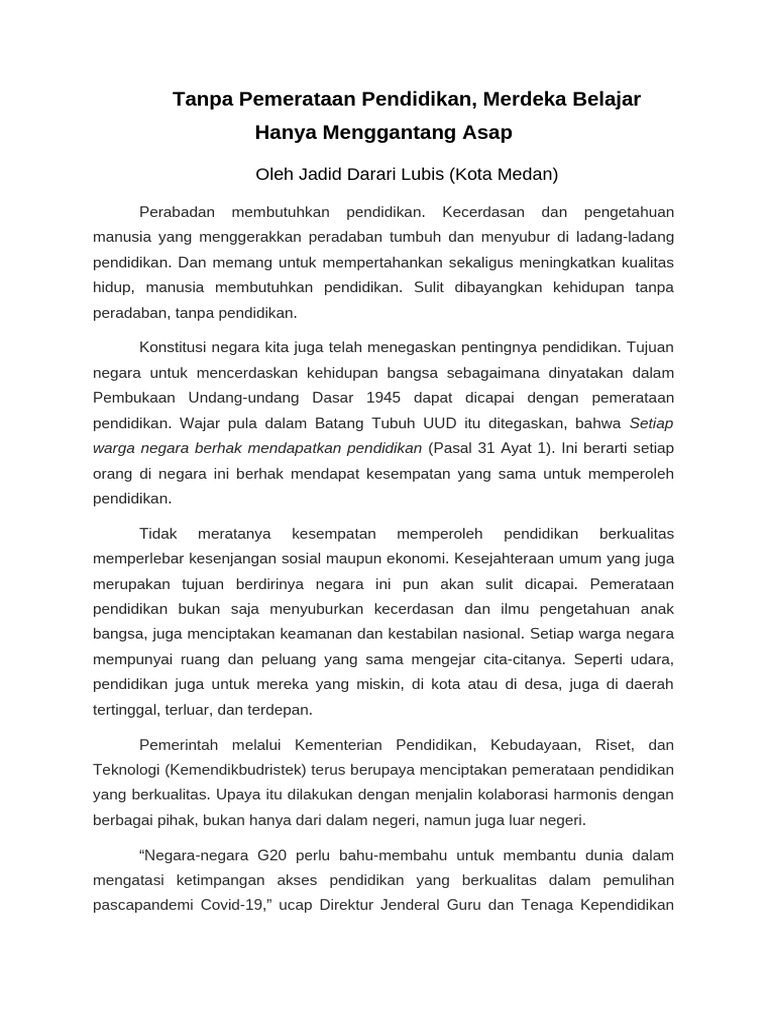 Tanpa Pemerataan Pendidikan, Merdeka Belajar Hanya Menggantang Asap | PDF