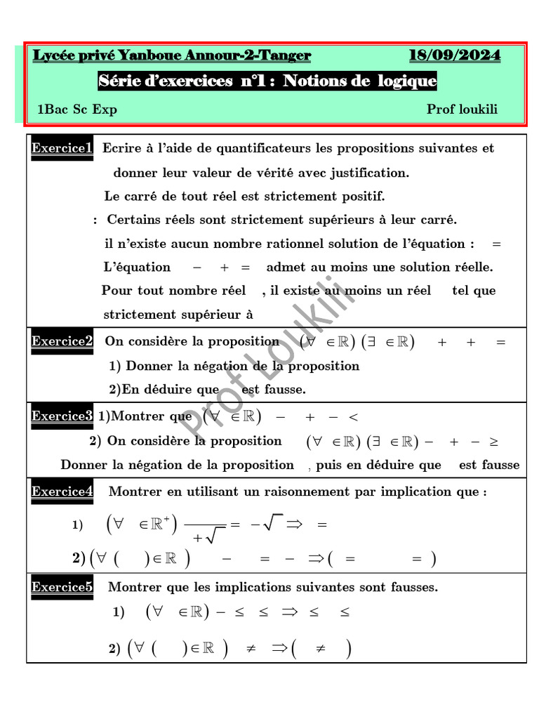 Série D'exercices N°1 Sur La Logique 1 Bac SC Exp 2024 | PDF