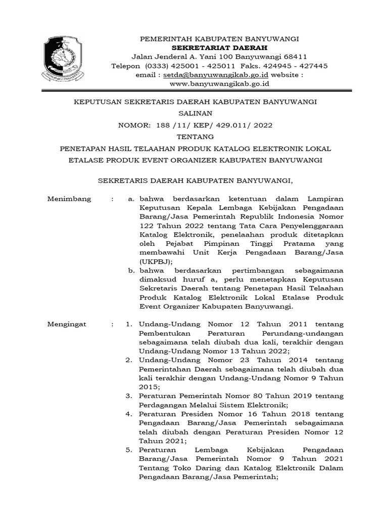 SK SEKDA NO 11 TAHUN 2022 SK e Katalog Event Organizer | PDF