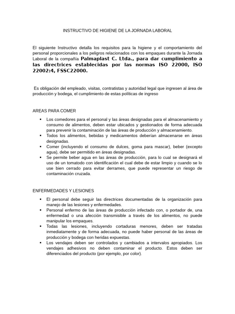 Instructivo de Higiene Laboral en Palmaplast | PDF | Lavado de manos ...
