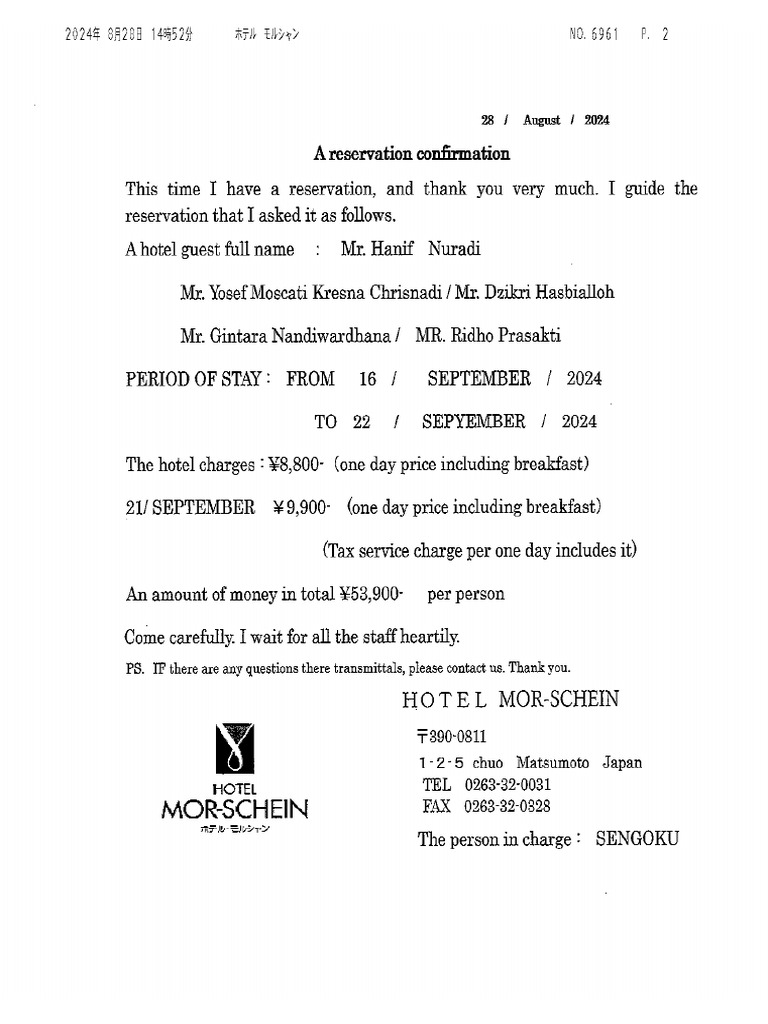 A Reservation Confirmation (HOTEL MOR-SCHEIN) | PDF