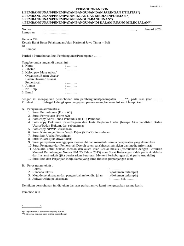 Format Surat Permohonan (Formulir A1) | PDF