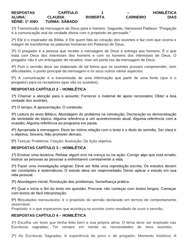 IMPRESSO RESPOSTAS DO LIVRO ITQ HOMILÉTICA | PDF