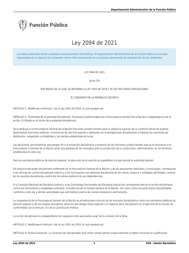 Ley 2094 de 2021 Gestor Normativo | PDF
