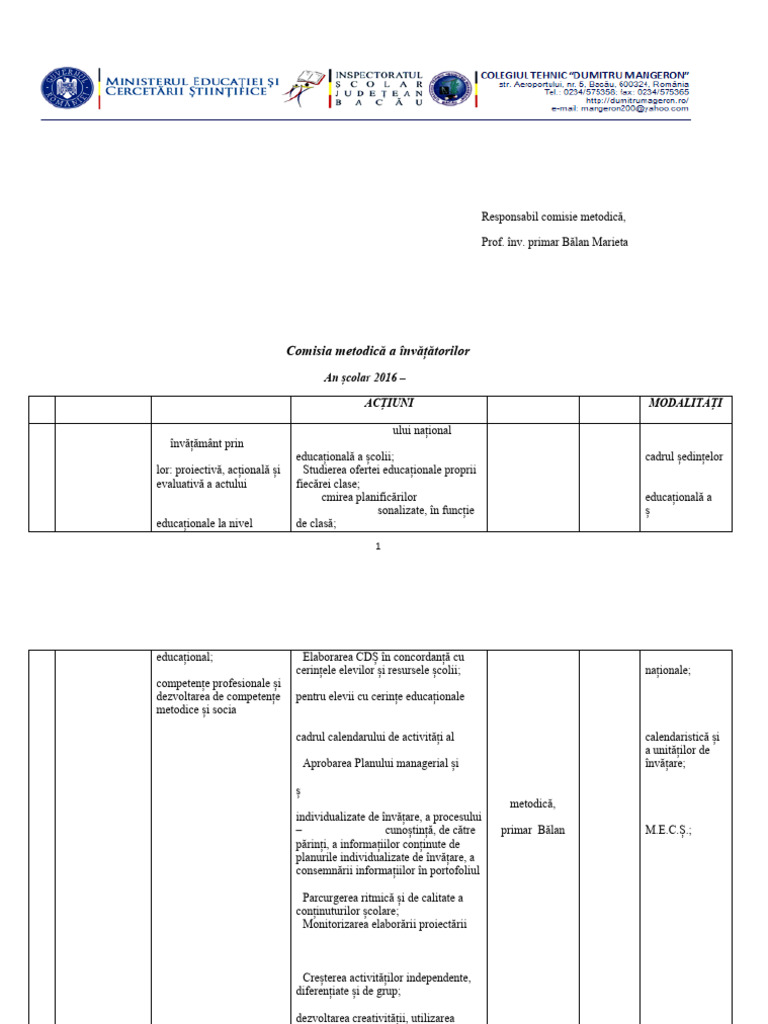 Plan Managerial - Comisia Invatator | PDF