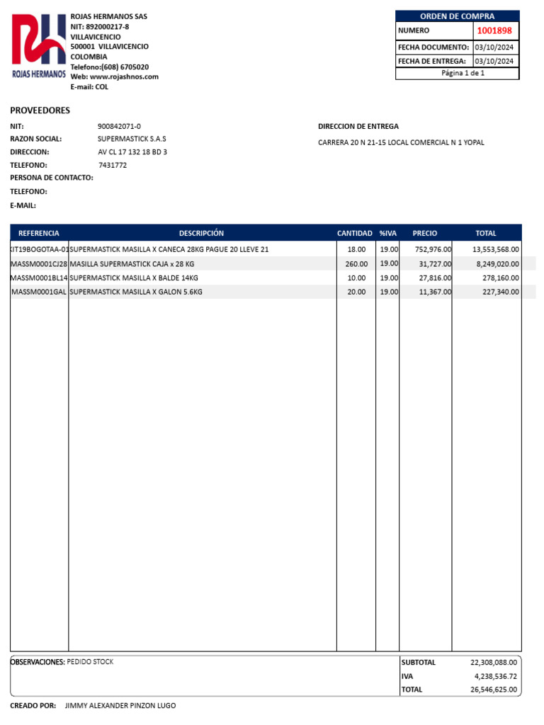 Pedido 1001898 Supermastick Yopal | PDF