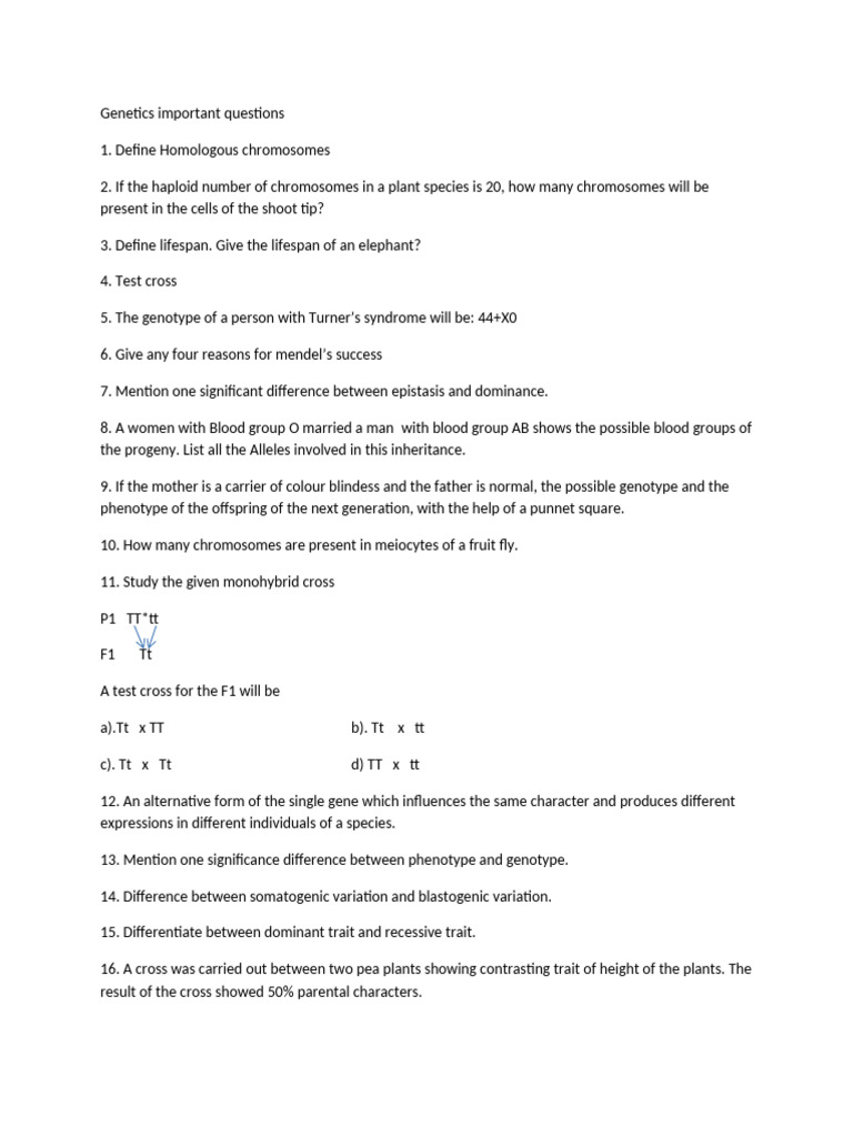 Genetics Important Questions | PDF