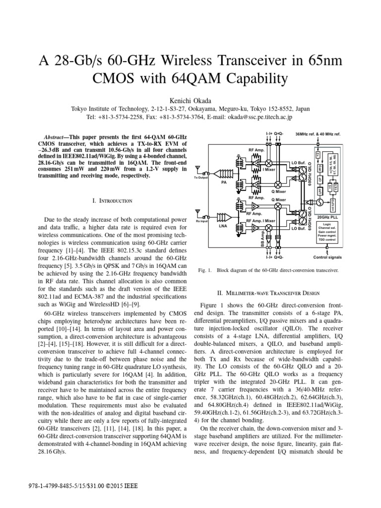 A 28-Gb S 60-GHz Wireless Transceiver in 65nm CMOS With 64QAM ...