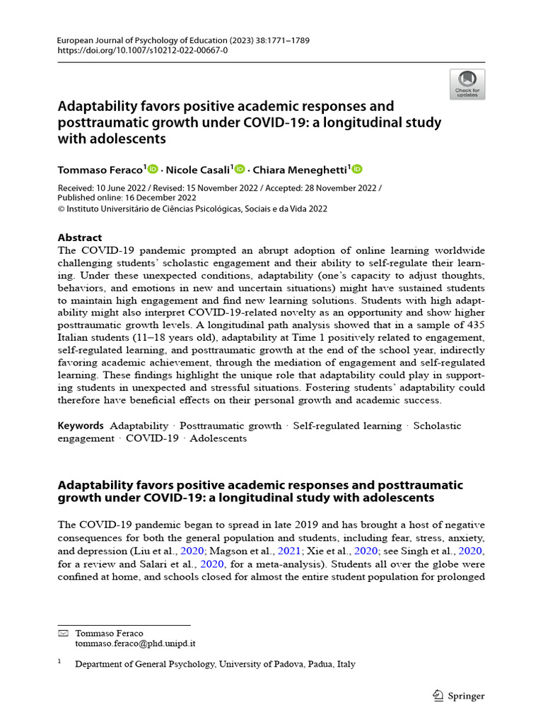 Adaptability Favors Positive Academic Responses and Posttraumatic ...