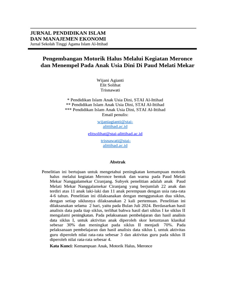 Pengembangan Motorik Halus Melalui Kegiatan Meronce Dan Menempel Pada ...