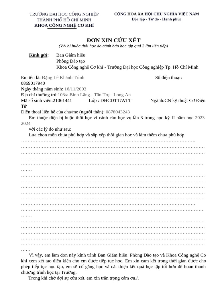 Mau Don Xin Cuu Xet Do Buoc Thoi Hoc KCK | PDF