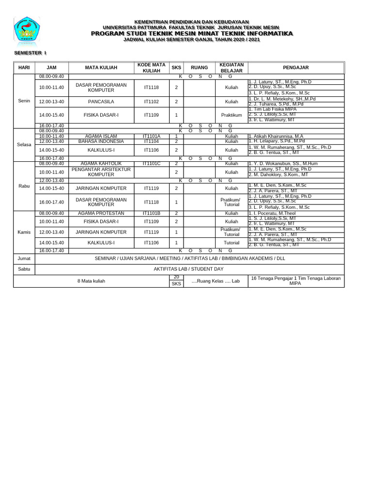 Jadwal INFORMATIKA Ganjil 2020 - 2021 | PDF