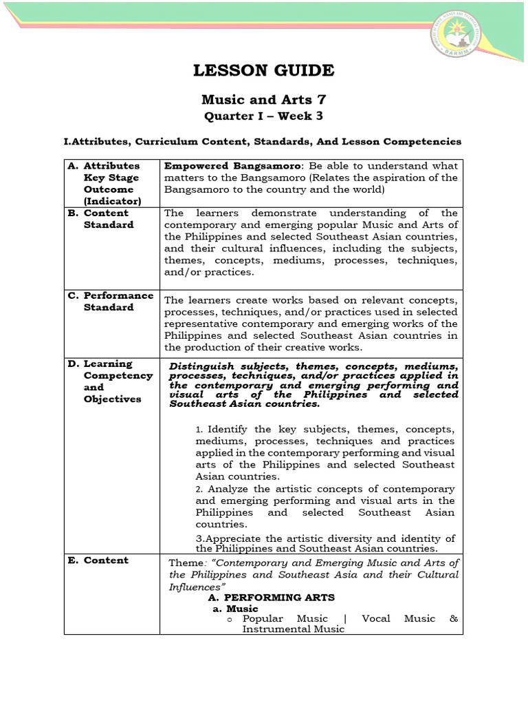 Lesson Guide: Music and Arts 7 | PDF