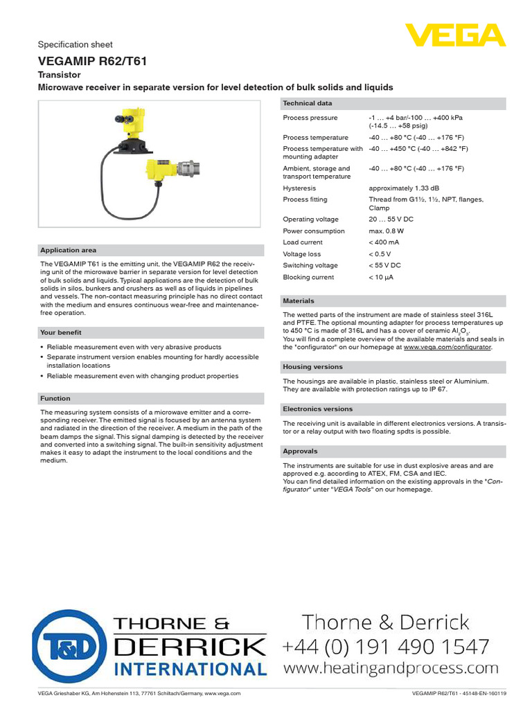 VEGA Level Switch VEGAMIP R62 Radar Level Switch Specification | PDF
