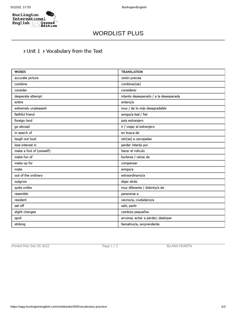 U1 Vocabulary | PDF