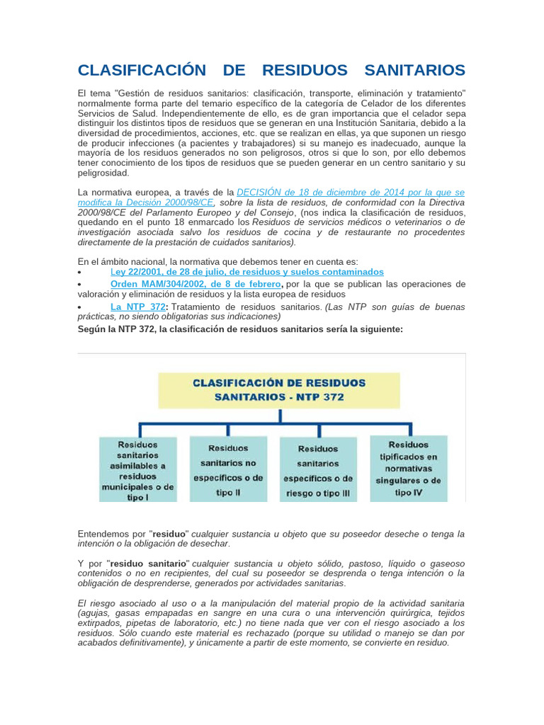 Clasificación de Residuos Sanitarios | PDF | Residuos | Autosuperación