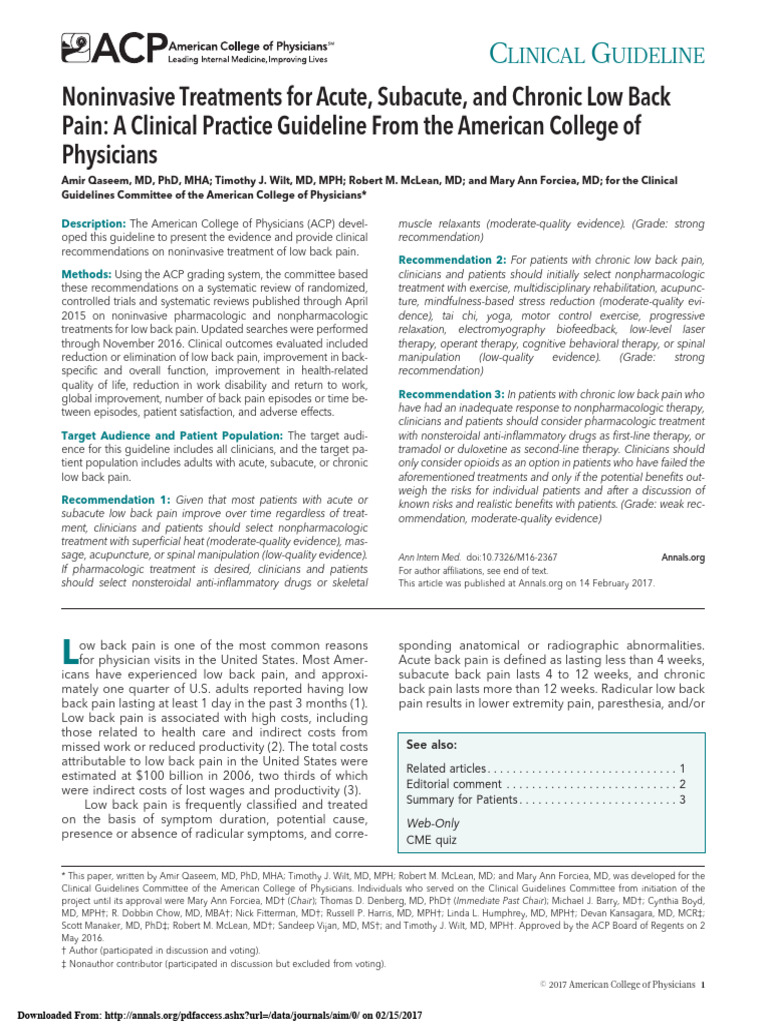 Acp Guidelines For Low Back Pain MGMT | PDF