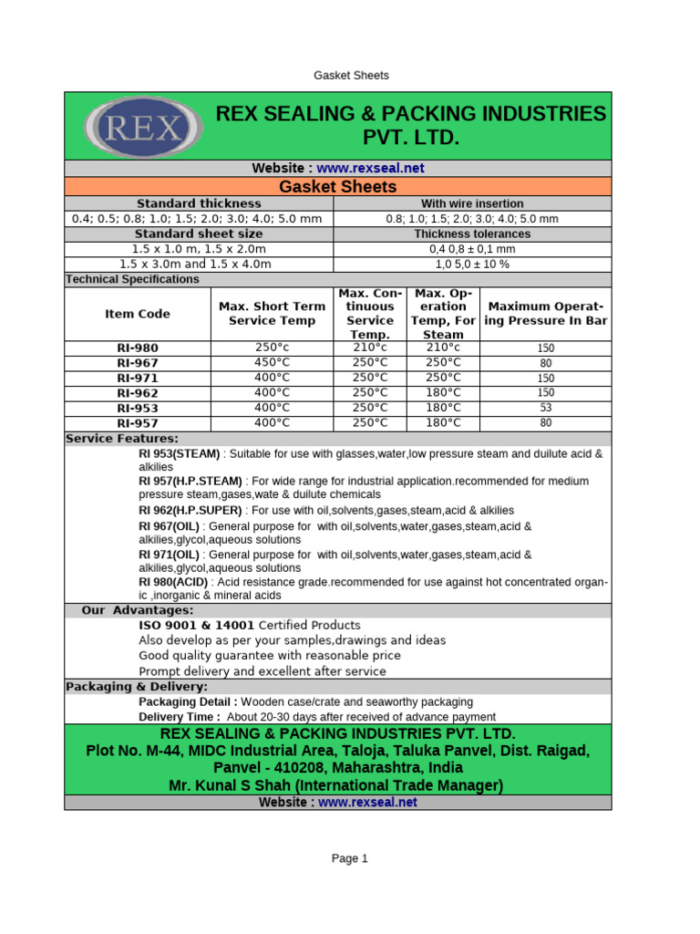 Industrial Gasket Sheet Guide | PDF | Chemistry | Computers