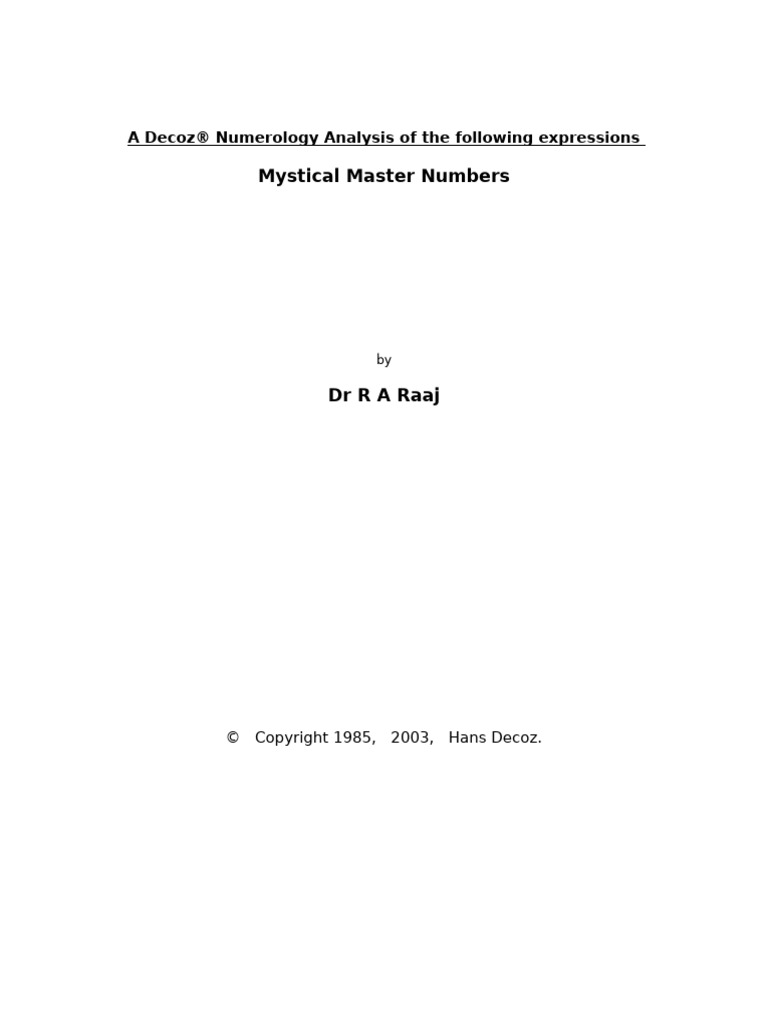 Mystical Master Numbers Pdf