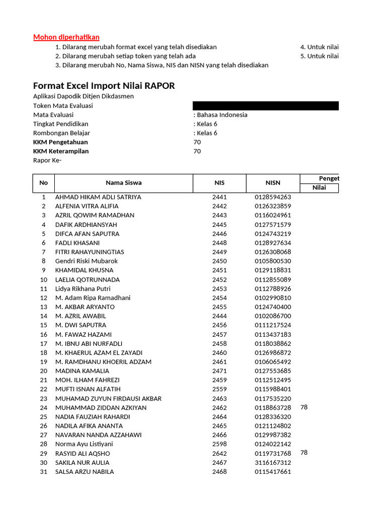 Format-Nilai-Rapor-20231-Kelas - 6-Bahasa Indonesia | PDF