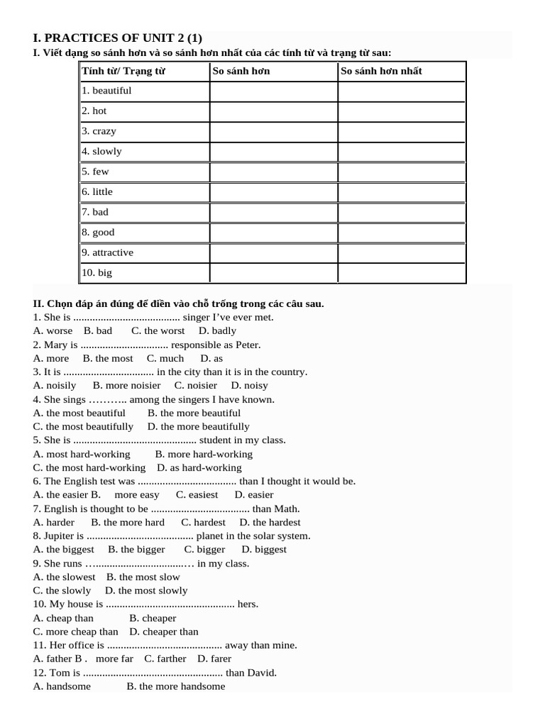 PRACTICES OF UNIT 2 (Student) | PDF