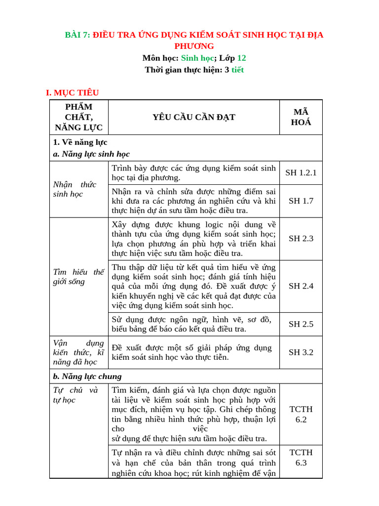 KHBD CĐ SH12 Bai7 V2 TG | PDF
