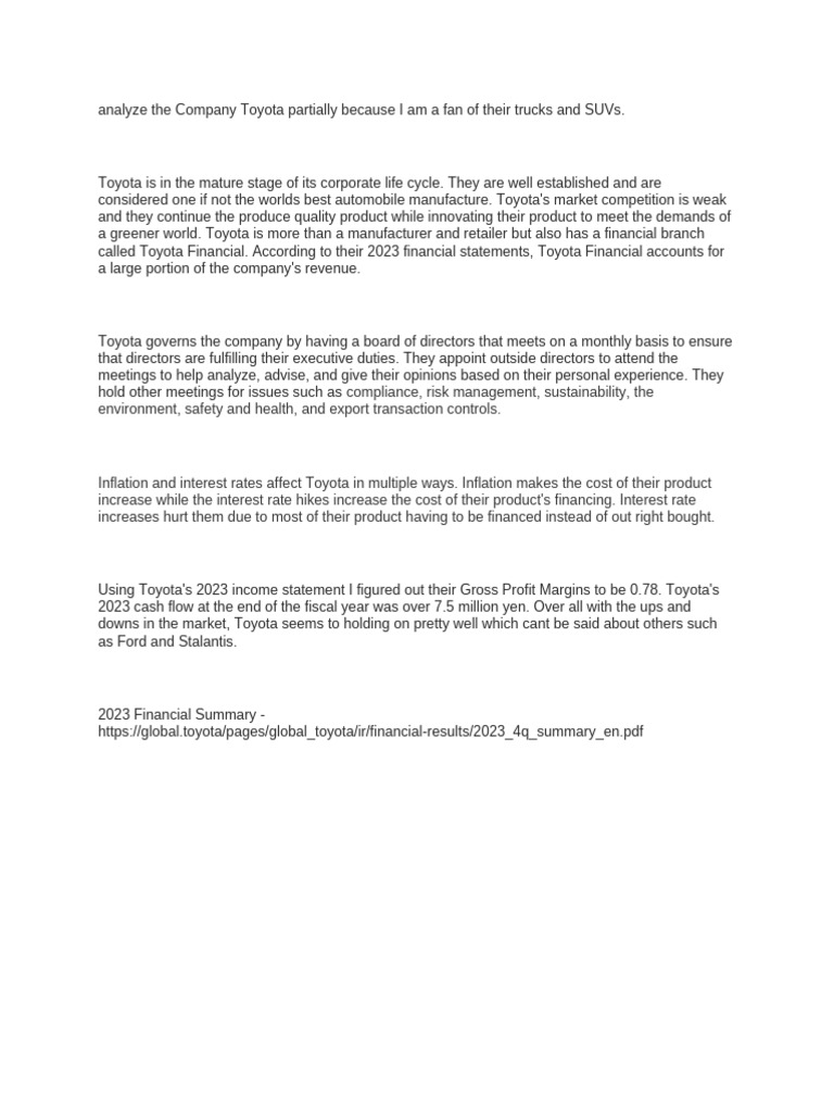 Analyze The Company Toyota Partially Because I Am A Fan of Their Trucks ...