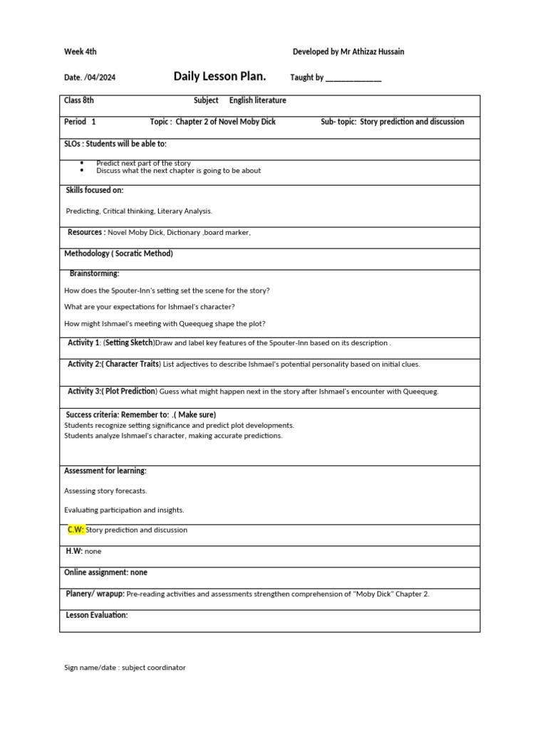 Week 4 Eng Literature Planning | PDF