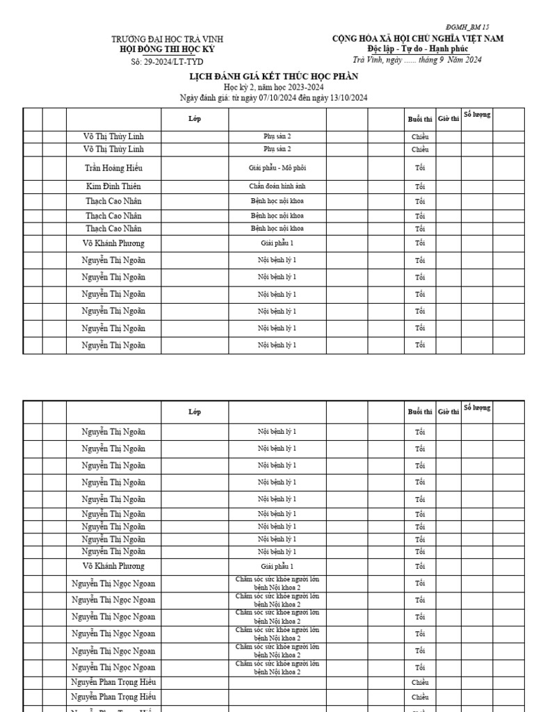 Lịch thi số 29 TYD | PDF