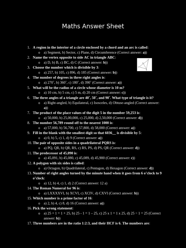 Maths Answer Sheet GR 6 | PDF