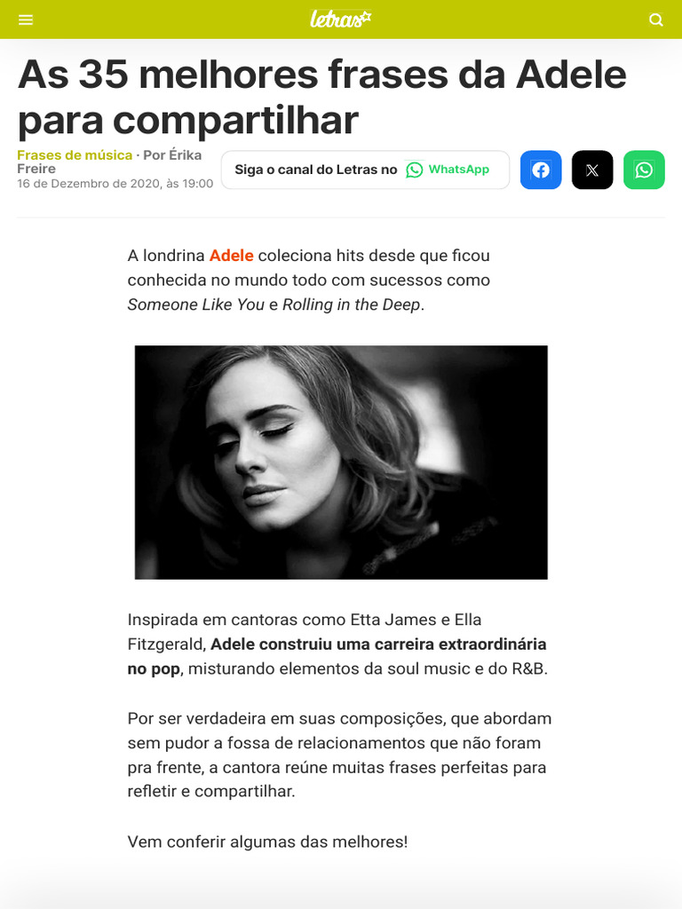 As 35 Melhores Frases Da Adele para Compartilhar: Someone Like You Rolling in The Deep | PDF ...