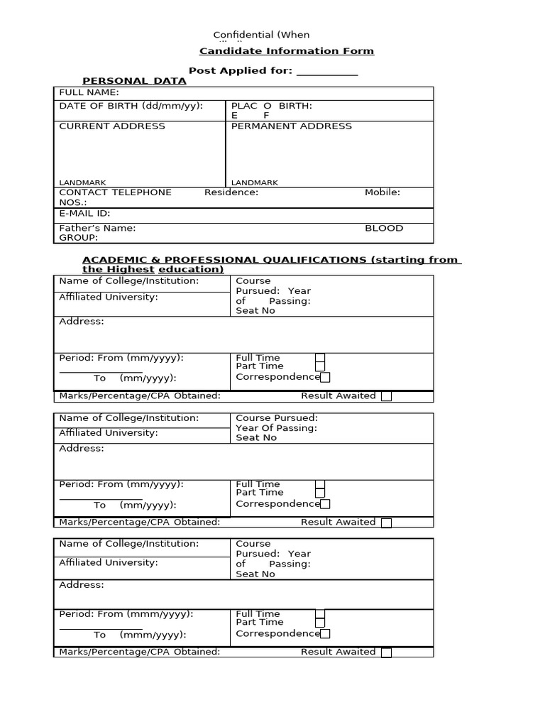 Candidate Information Form Post Applied For: Personal Data: Landmark ...