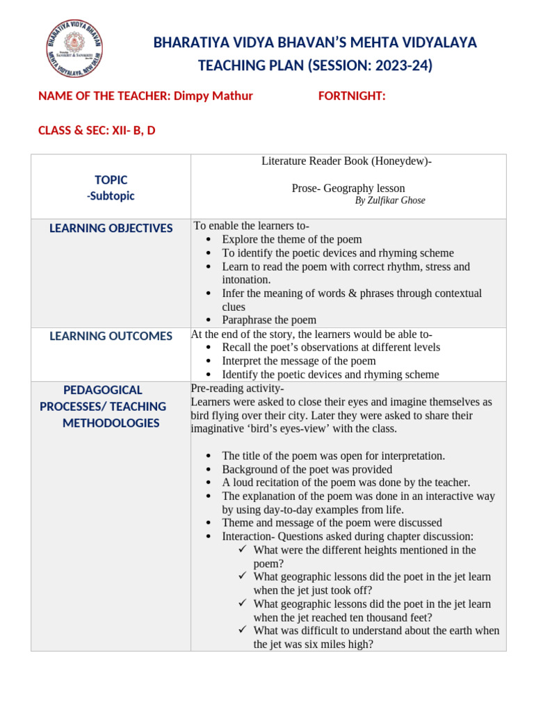 Teaching Plan 8 - Geography Lesson | PDF