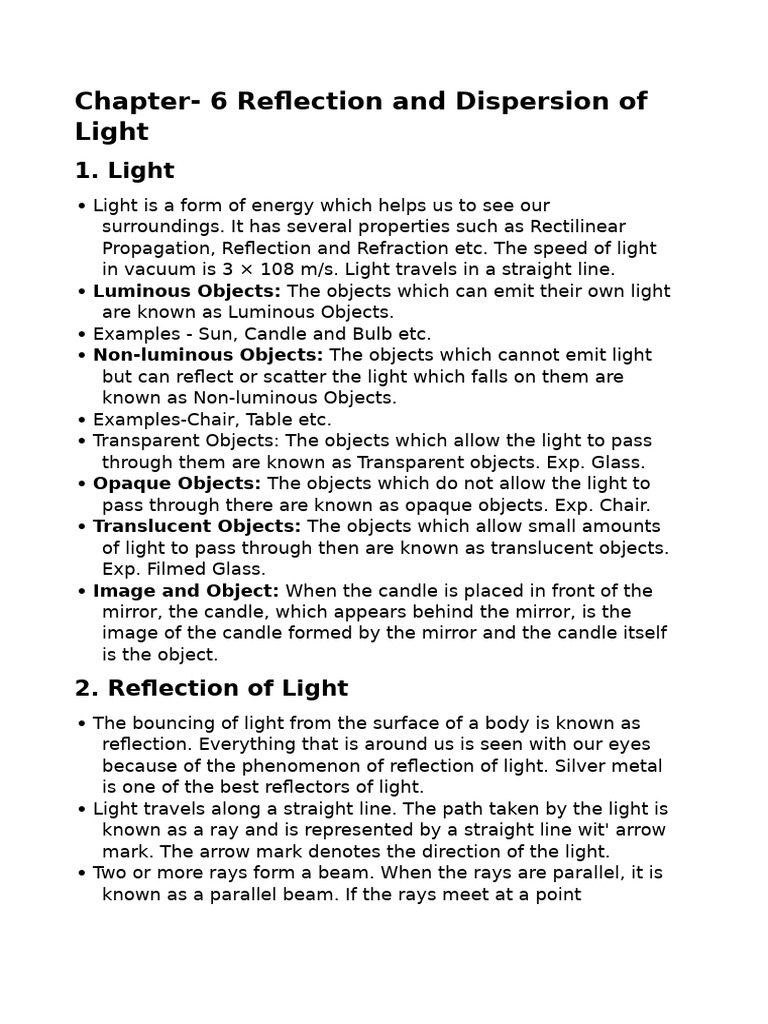 Class 9 Science Chapter-6 Reflection and Dispersion of Light | PDF