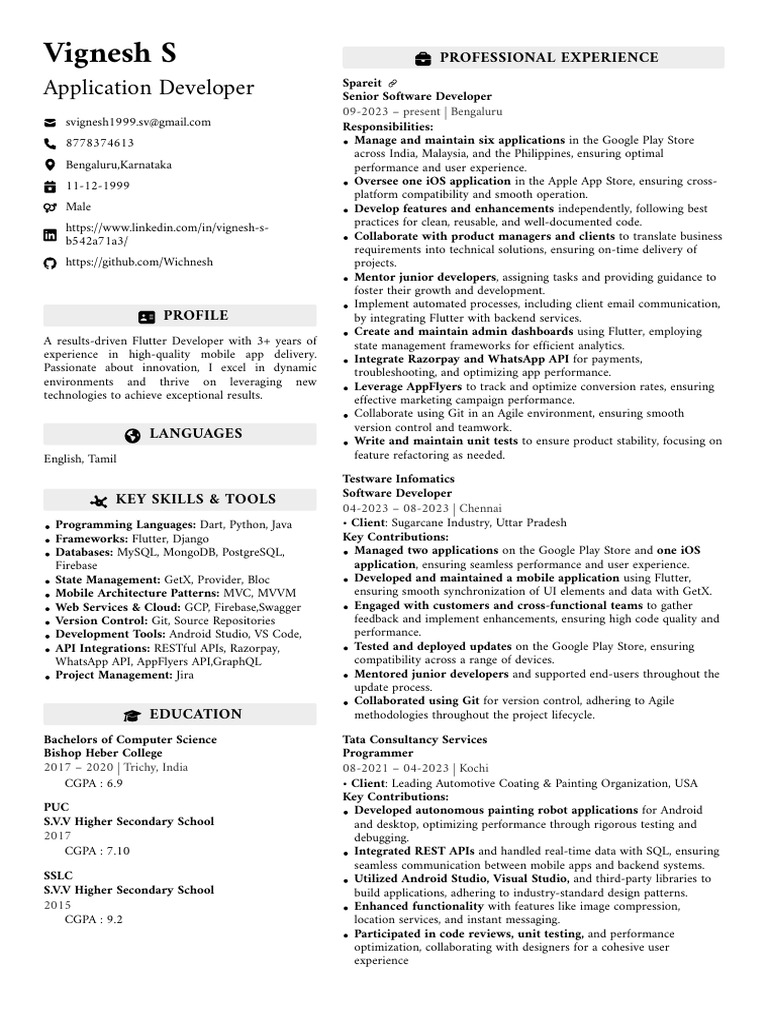 Vignesh S Application Developer | PDF | Mobile App | Application Software