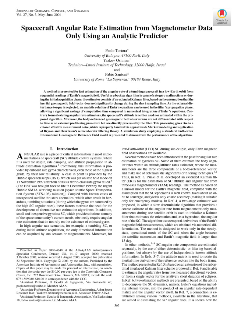 Spacecraft Angular Rate Estimation From Magnetometer Data Only Using An Analytic Predictor | PDF