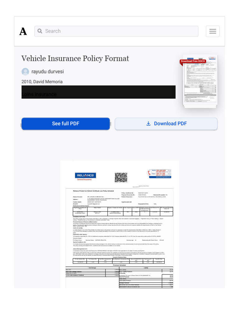 (DOC) Vehicle Insurance Policy Format - Rayudu Durvesi - Academia - Edu ...