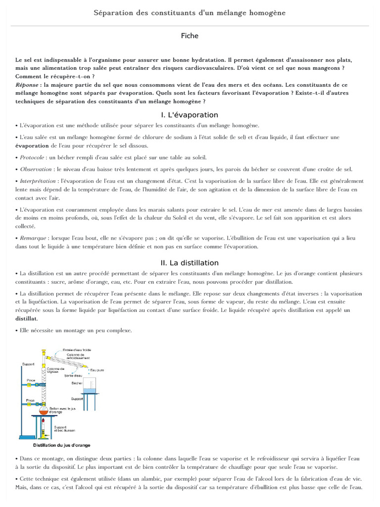 5e Physique Chimie Separation Des Constituants D Un Melange Homogene | PDF