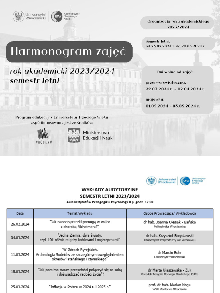 Harmonogram UTW Semestr Letni PDF | PDF