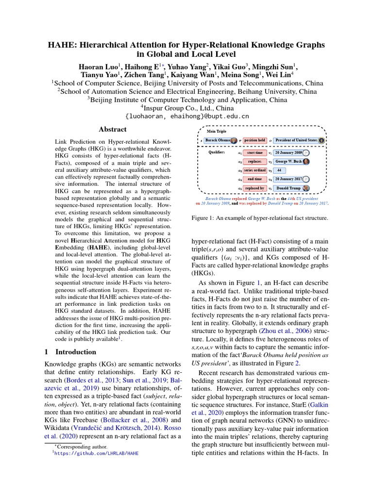 HAHE-Hierarchical Attention for Hyper-Relational Knowledge Graphs in Global and Local Level | PDF