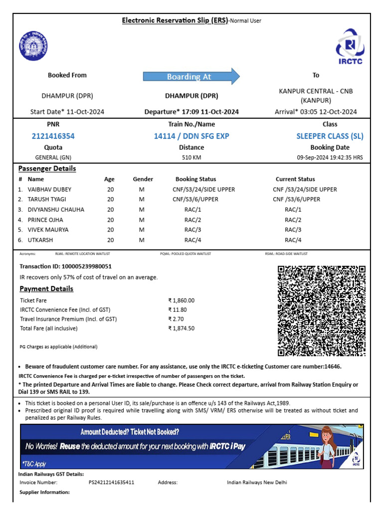 DDN SFG Exp Sleeper Class (SL) : Electronic Reserva On Slip (ERS) | PDF