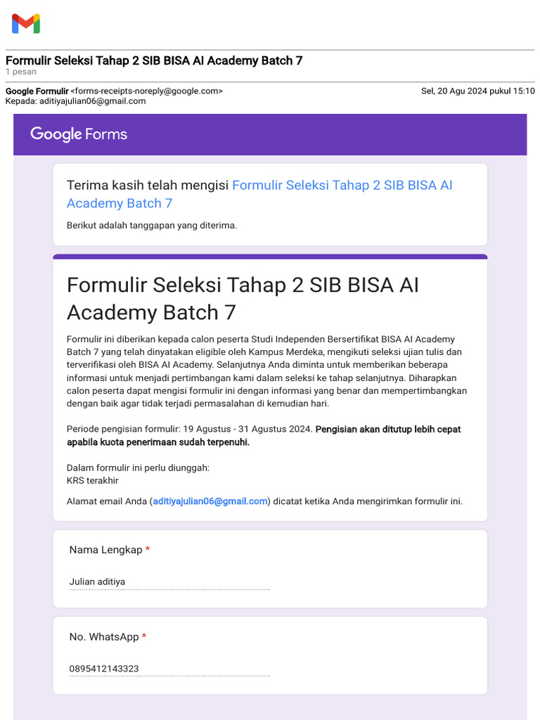 Gmail - Formulir Seleksi Tahap 2 SIB BISA AI Academy Batch 7 | PDF