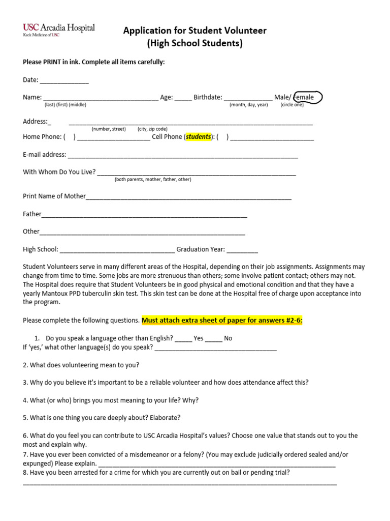 Student Volunteer Application PDF | PDF