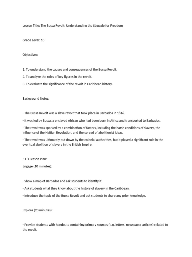 Bussa Revolt Lesson Plan | PDF