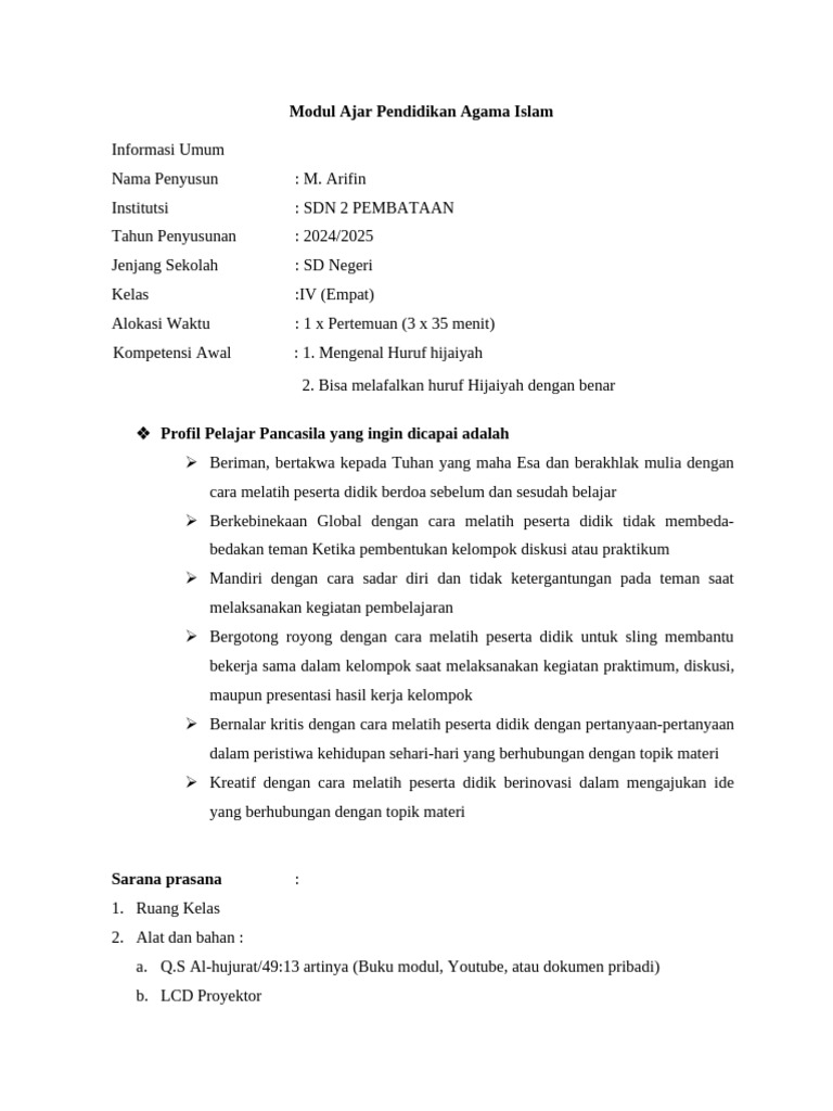 Modul Ajar Pendidikan Agama Islam PPL 1 Print | PDF