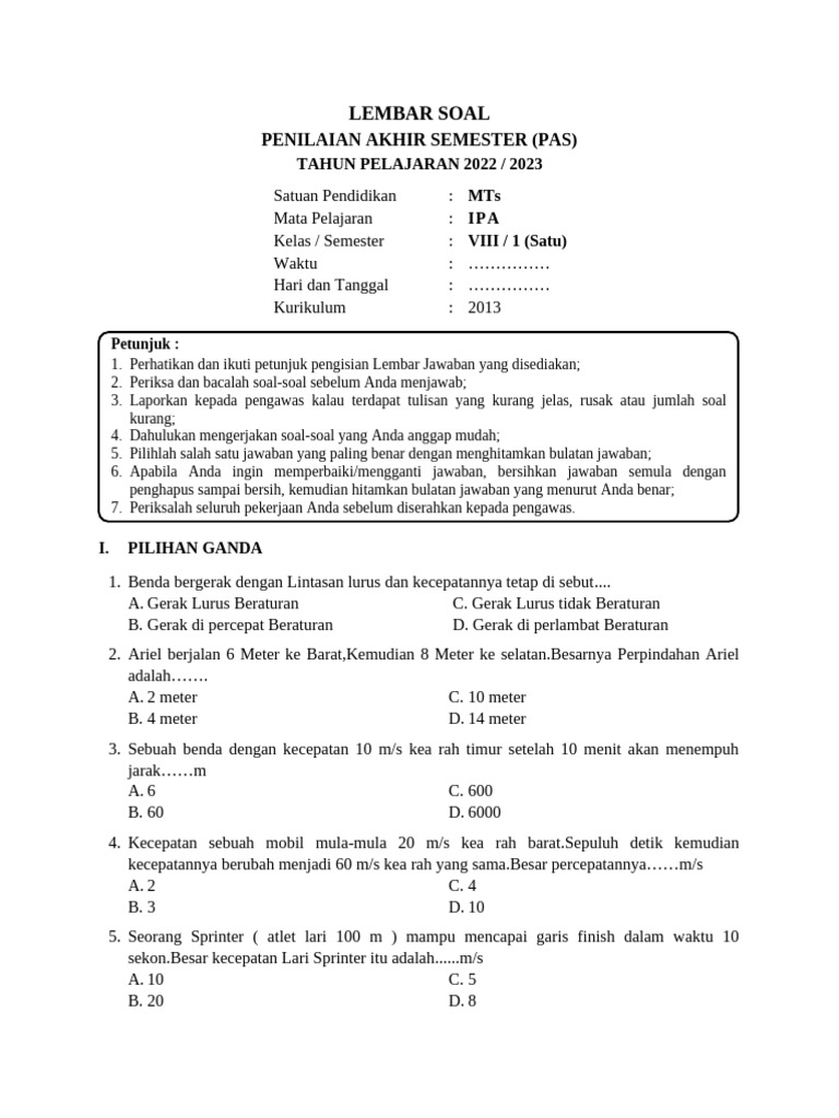 Lembar Soal Kelas 8 Pas Ganjil | PDF