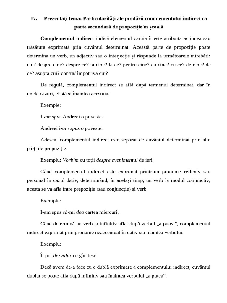Prezentați Tema: Particularități Ale Predării Complementului Indirect Ca Parte Secundară de ...