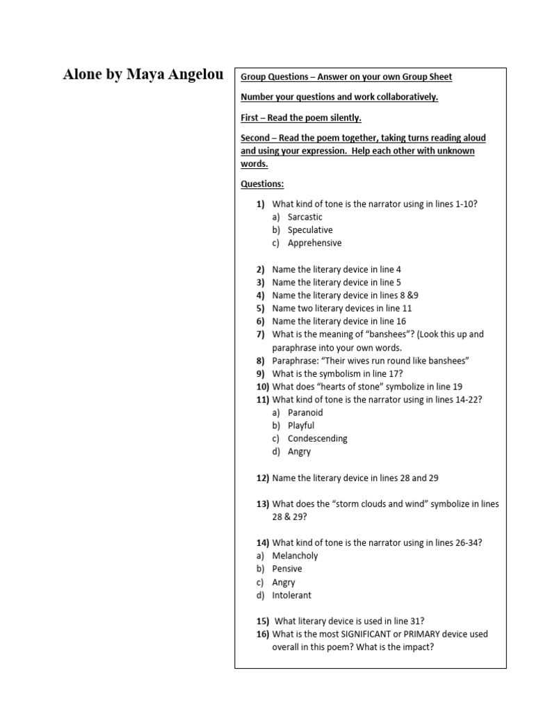 Alone by Maya Angelou with Questions | PDF