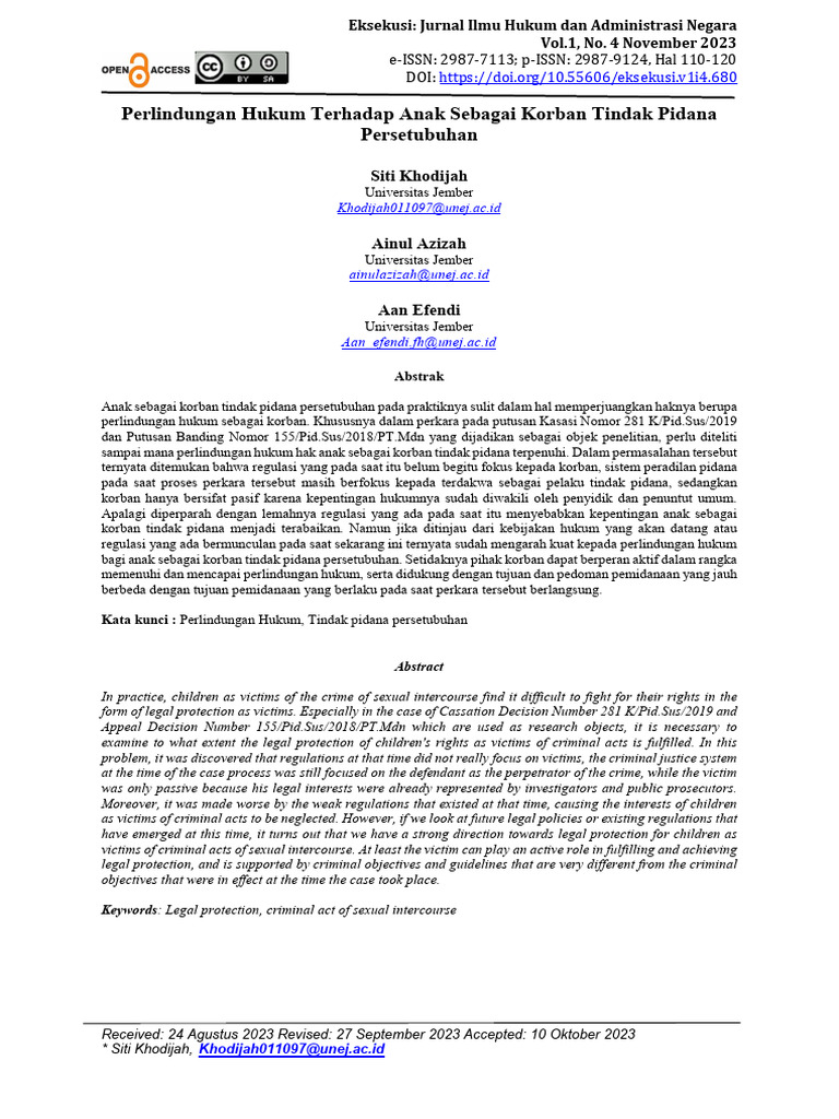 Perlindungan Hukum Terhadap Anak Sebagai Korban Tindak Pidana Persetubuhan | PDF