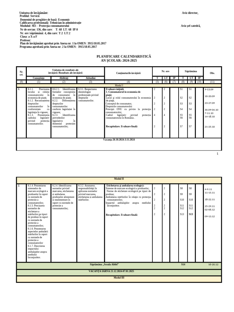 Planificare - Calendaristică - A-X-A F - PROTECTIA CONSUMATORULUI ...